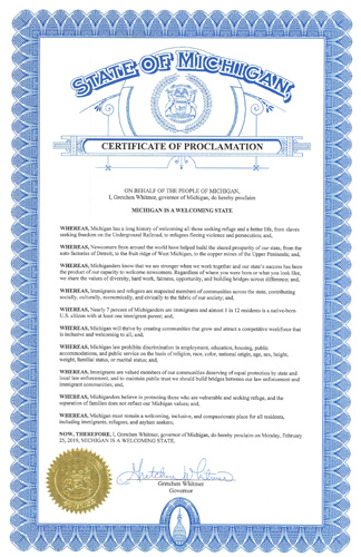 Governor Whitmer Proclaimed Michigan a Welcoming State